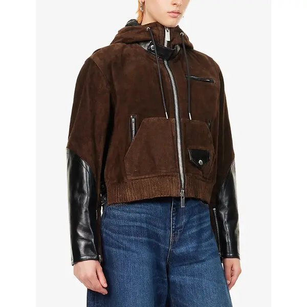 Sacai Panelled Leather And Suede Zip-up Hoodie