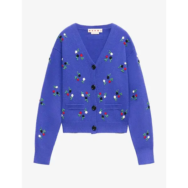 Marni Flower-embroidered Wool And Cashmere Cardigan