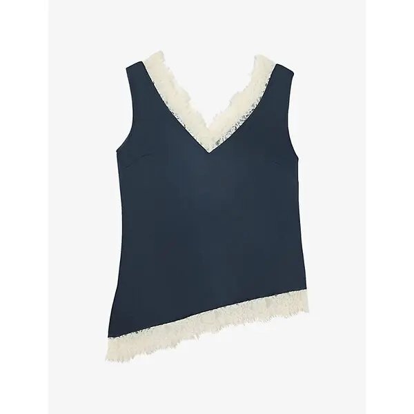 Whistles Sleeveless V-neck Lace-trim Satin Top