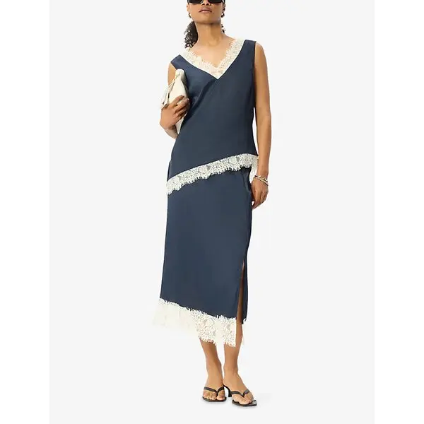 Whistles Sleeveless V-neck Lace-trim Satin Top