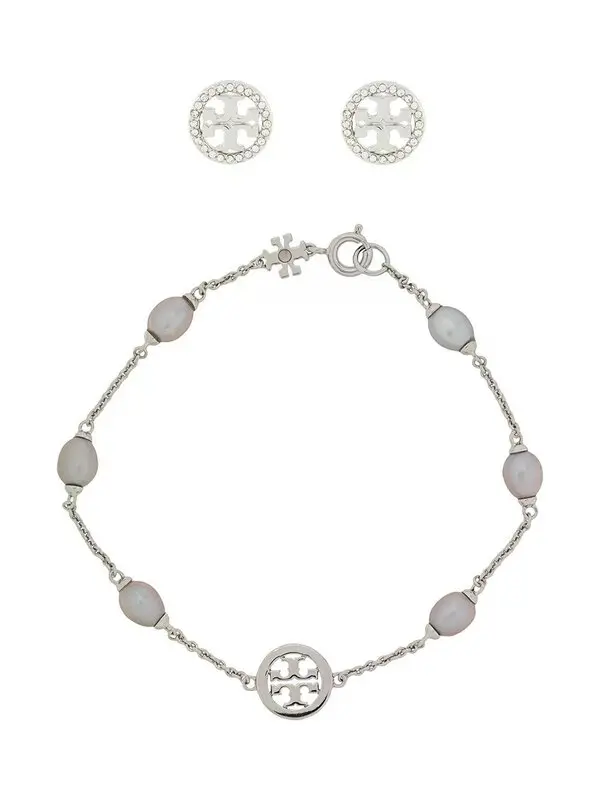 Tory Burch Logo Bead Bracelet And Stud Earrings - Silver