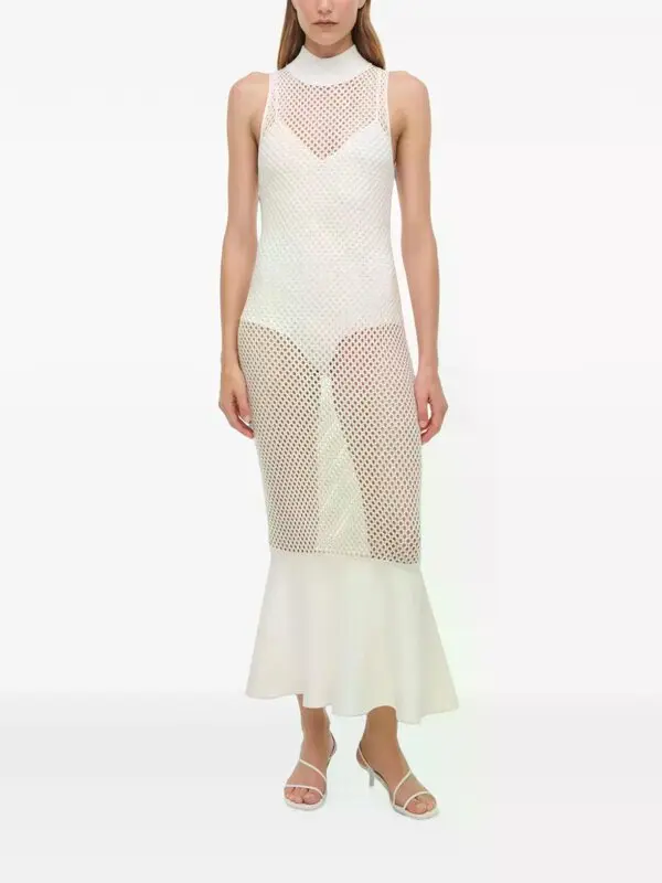 Simkhai Ivory Mesh-knit Mock Neck Sleeveless Flared Hem Dress