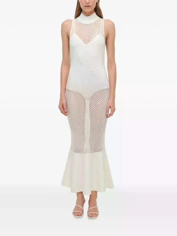 Simkhai Ivory Mesh-knit Mock Neck Sleeveless Flared Hem Dress