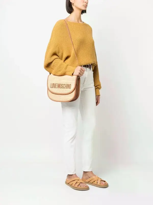 Moschino Embroidered-logo Raffia Shoulder Bag