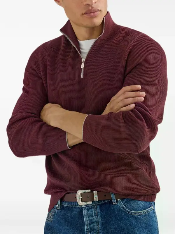 Brunello Cucinelli Cotton English Rib Half-zip Sweater - Red