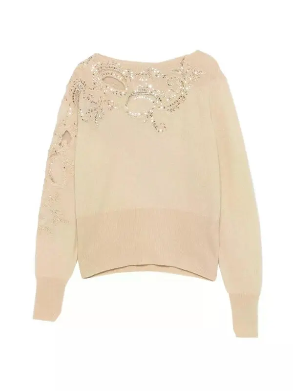 Ermanno Scervino Cashmere Sweater With Sequin And Lace Embellishments - Neutrals