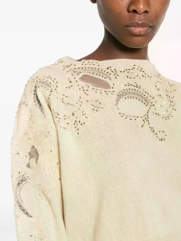 Ermanno Scervino Cashmere Sweater With Sequin And Lace Embellishments