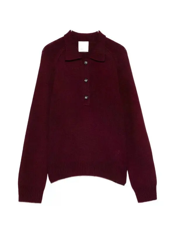 ALLUDE Burgundy Waffle Knit Polo Collar Button-up Sweater