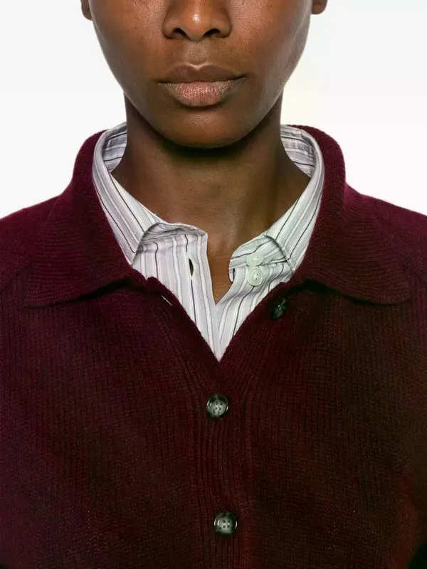 ALLUDE Burgundy Waffle Knit Polo Collar Button-up Sweater