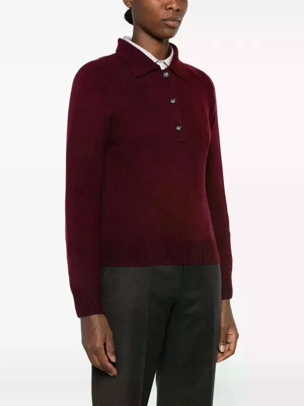 ALLUDE Burgundy Waffle Knit Polo Collar Button-up Sweater