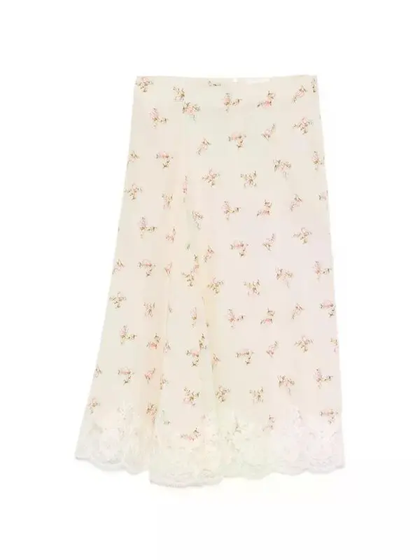 P.a.r.o.s.h Floral Print Midi Skirt With Lace Trim - Neutrals