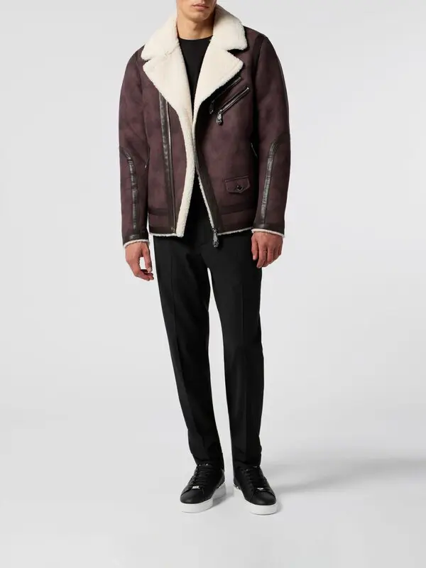 Philipp Plein Shearling-trimmed Biker Jacket - Brown