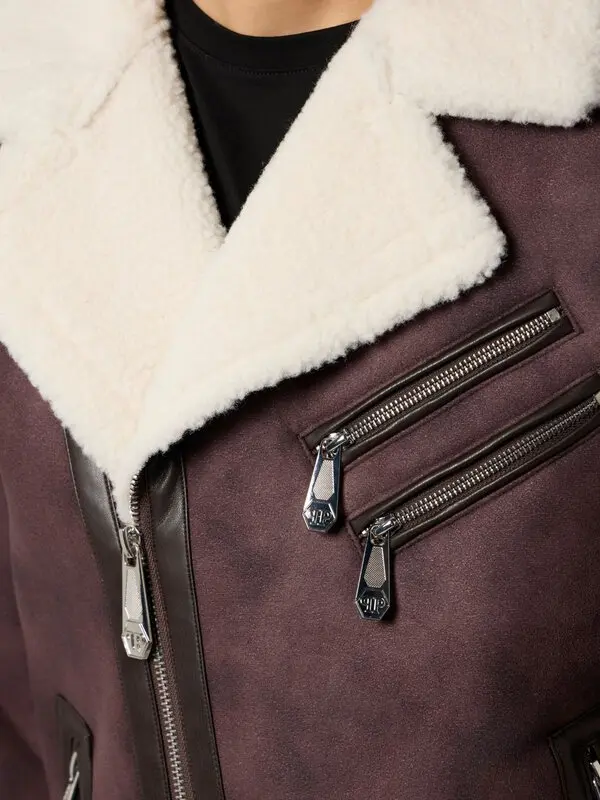 Philipp Plein Shearling-trimmed Biker Jacket - Brown