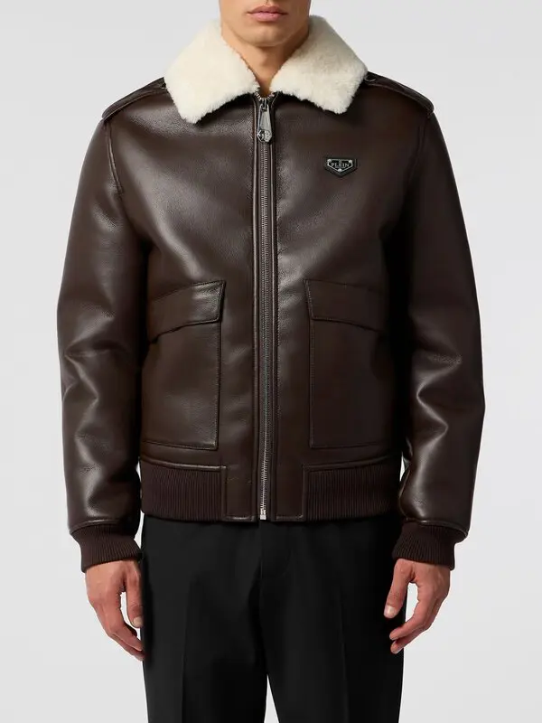 Philipp Plein Leather Bomber Jacket With Shearling Collar - Brown