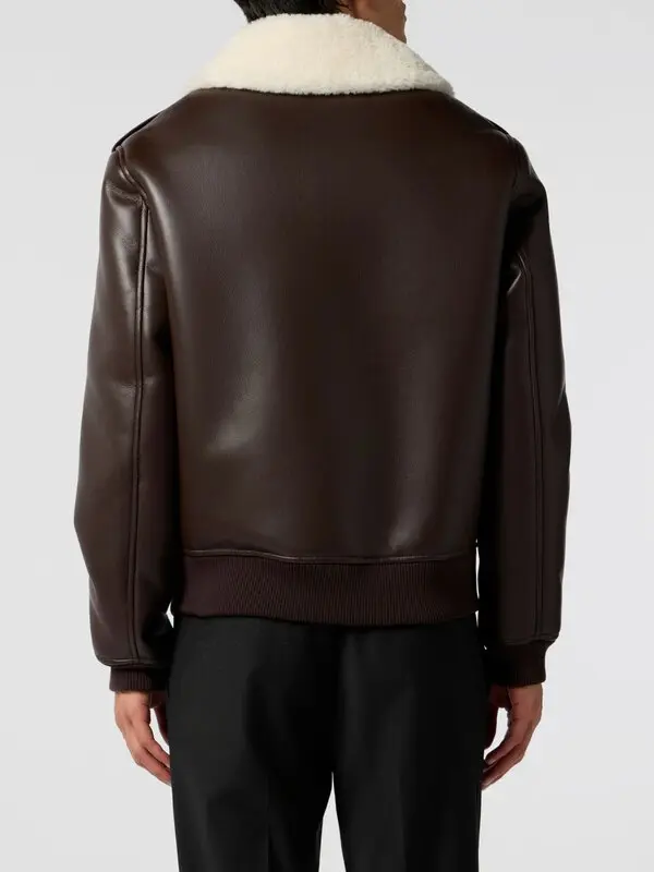 Philipp Plein Leather Bomber Jacket With Shearling Collar - Brown