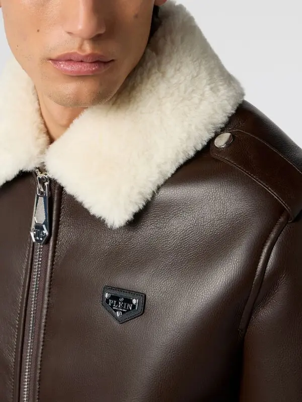 Philipp Plein Leather Bomber Jacket With Shearling Collar - Brown