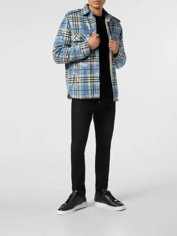 Philipp Plein Tartan Shirt Jacket With Sequin Embroidery And Epaulets - Turquoise
