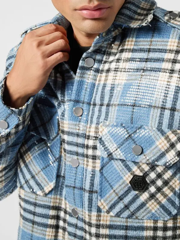Philipp Plein Tartan Shirt Jacket With Sequin Embroidery And Epaulets - Turquoise