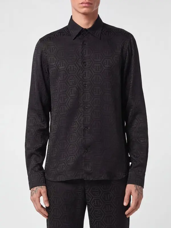 Philipp Plein Silk Shirt With All-over Monogram Print And Hexagon Logo - Black