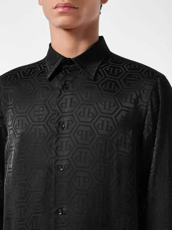 Philipp Plein Silk Shirt With All-over Monogram Print And Hexagon Logo - Black