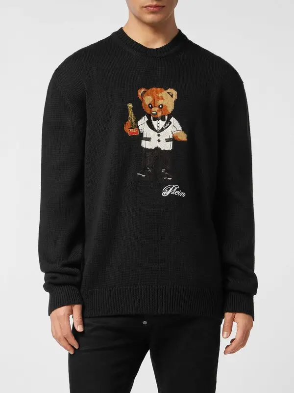 Philipp Plein Teddy Bear Print Cotton Blend Crewneck Sweater - Black