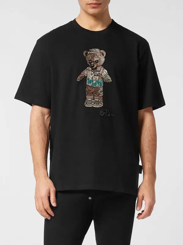 Philipp Plein Teddy Bear Embroidered Cotton T-shirt With Appliqués - Black