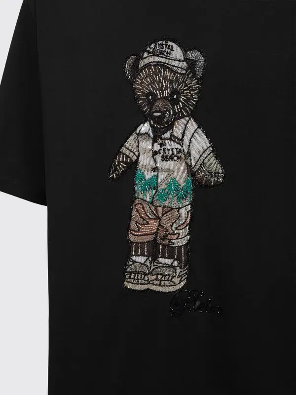 Philipp Plein Teddy Bear Embroidered Cotton T-shirt With Appliqués - Black