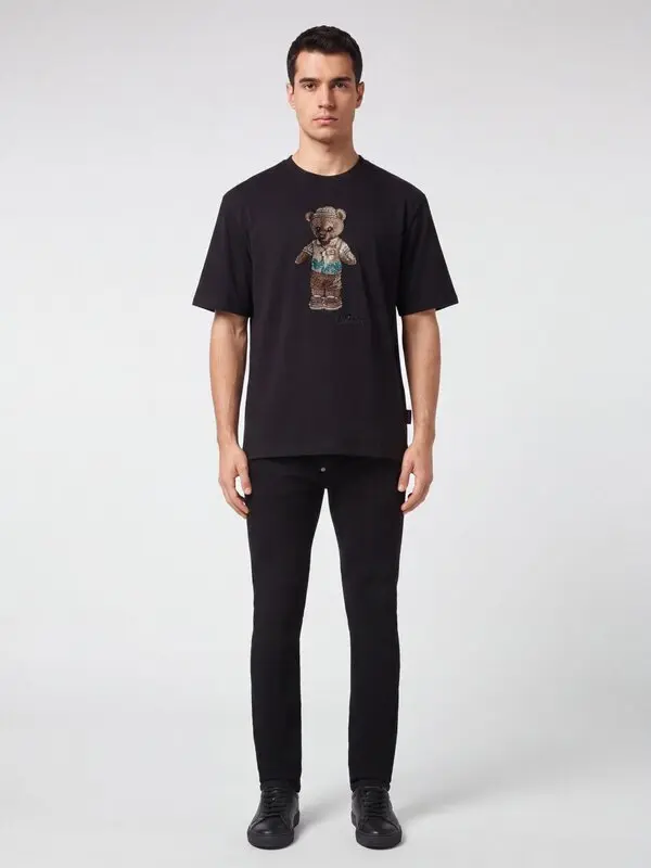 Philipp Plein Teddy Bear Embroidered Cotton T-shirt With Appliqués - Black