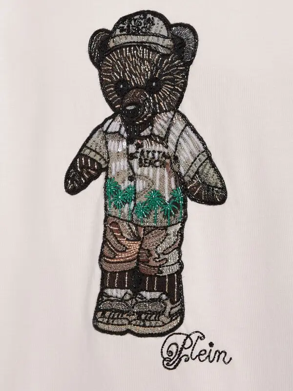 Philipp Plein Teddy Bear Embroidered Cotton T-shirt With Appliqués - White