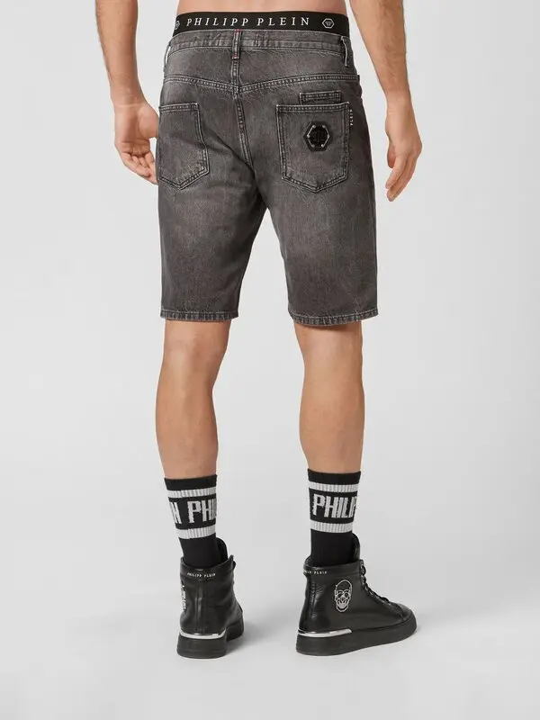 Philipp Plein Five-pocket Cotton Denim Shorts With Hexagon Logo