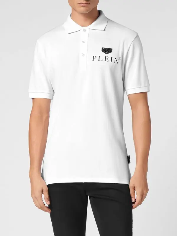 Philipp Plein Short-sleeve Stretch Cotton Polo Shirt With Metal Logo - White