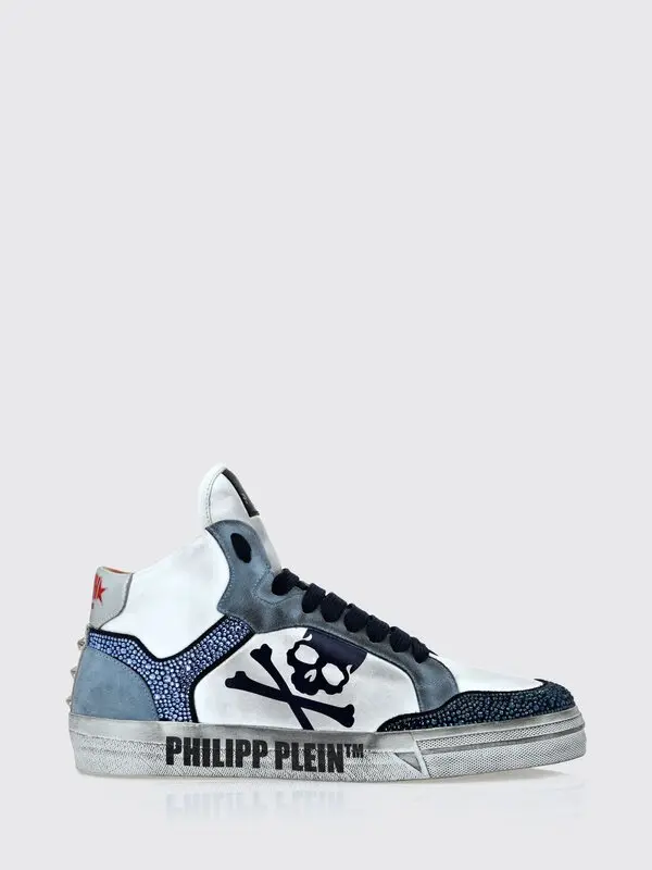 Philipp Plein High-top Leather And Suede Sneakers With Rhinestones And Skull Detail - White