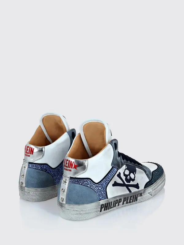 Philipp Plein High-top Leather And Suede Sneakers With Rhinestones And Skull Detail - White