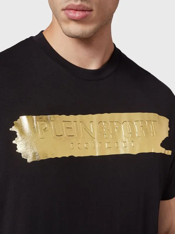 PLEIN SPORT Cotton Crew Neck T-shirt With Contrast Laminated Logo - Black