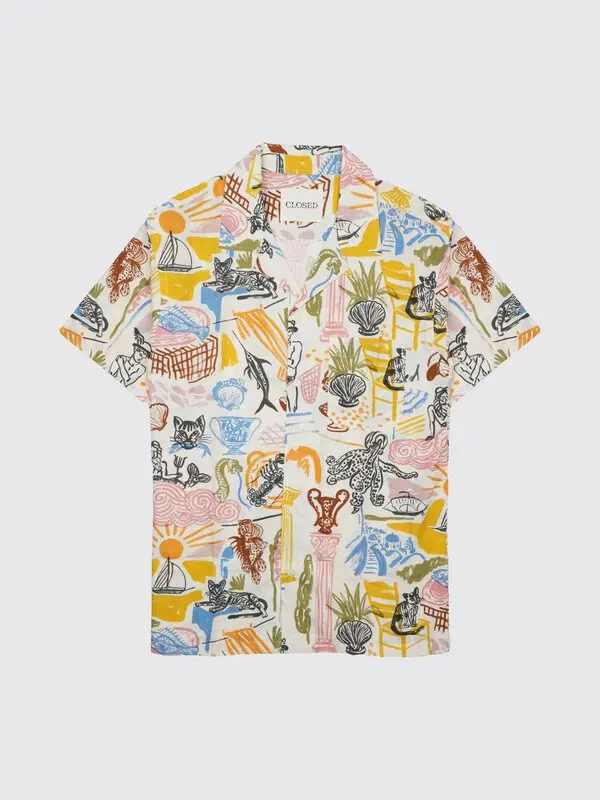 Closed Graphic Print Short-sleeved Cotton Bowling Shirt With Cuban Collar