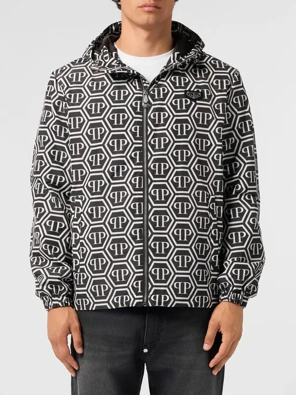 Philipp Plein Hooded Windbreaker Jacket With Hexagon Monogram Logo - Black
