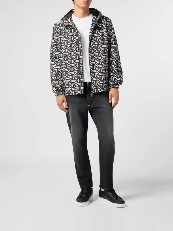 Philipp Plein Hooded Windbreaker Jacket With Hexagon Monogram Logo - Black