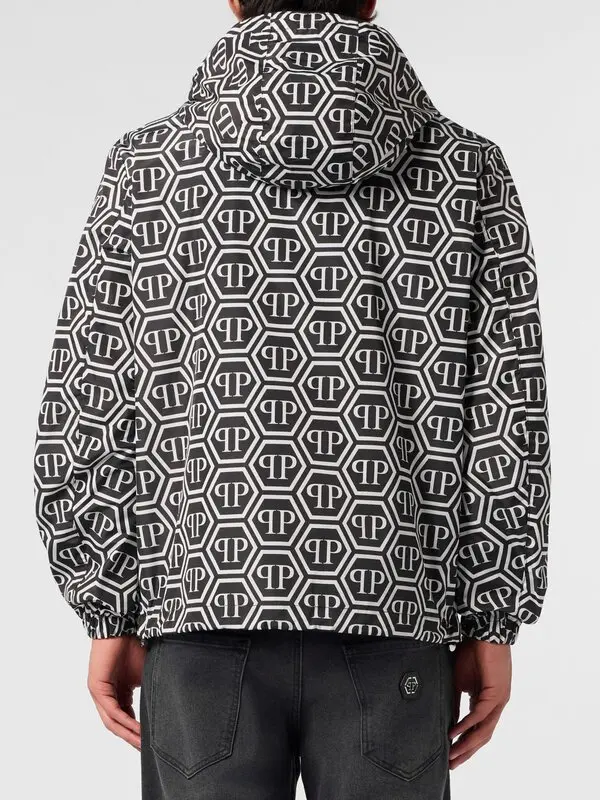 Philipp Plein Hooded Windbreaker Jacket With Hexagon Monogram Logo - Black