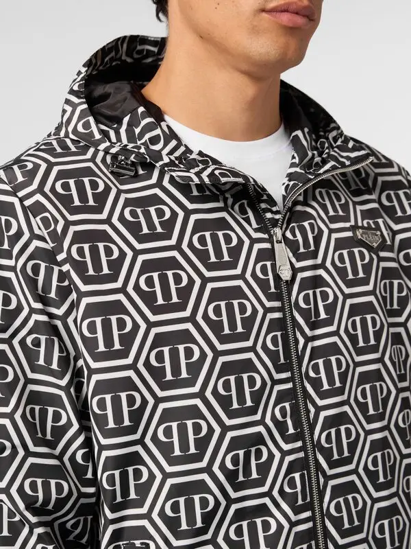Philipp Plein Hooded Windbreaker Jacket With Hexagon Monogram Logo - Black