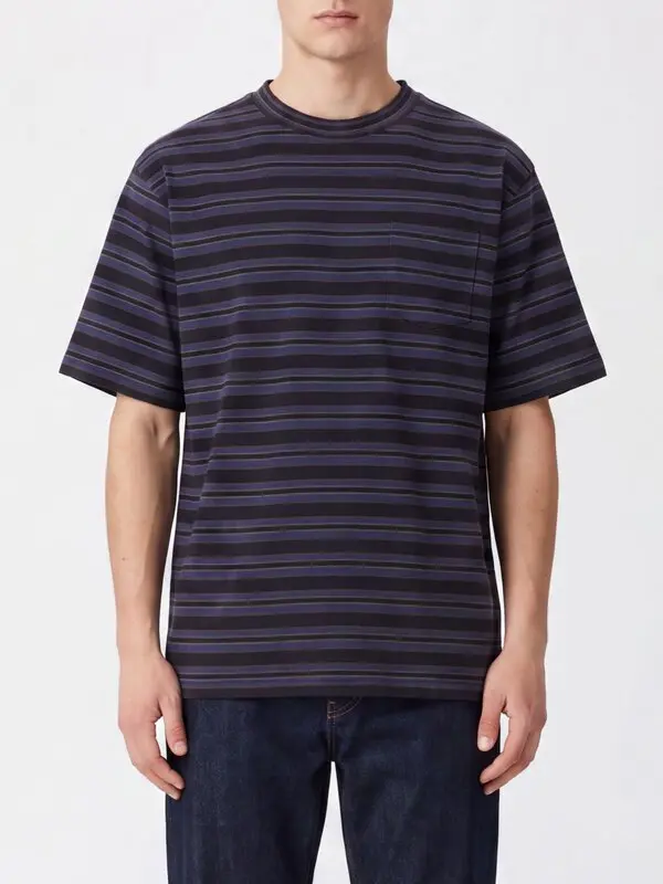 Sacai Striped Cotton T-shirt With Patch Pocket And Dropped Shoulders - Black