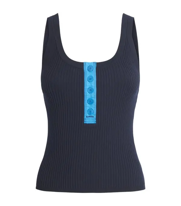 Sandro Rib-knit Contrast-placket Tank Top - Blue