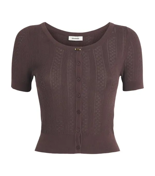 Sandro Pointelle Knit Short-sleeve Cardigan With Ruffle Detail