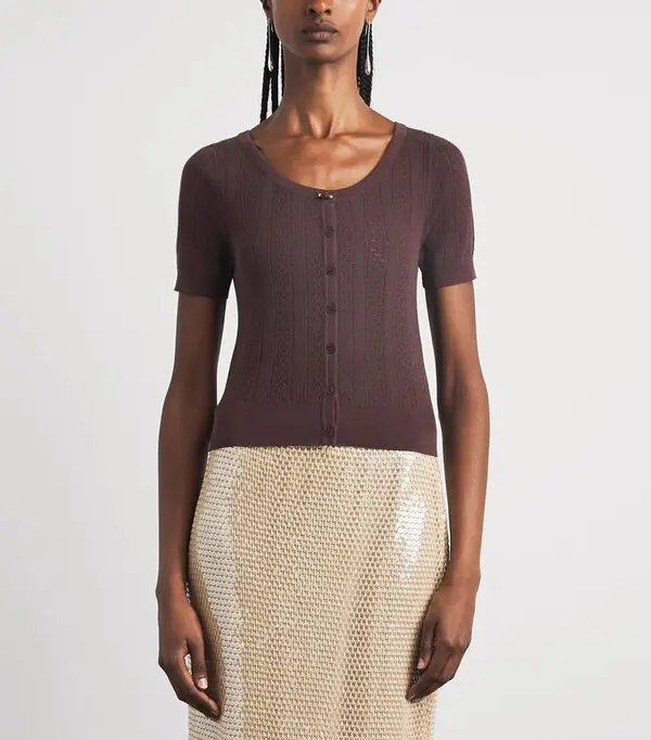 Sandro Pointelle Knit Short-sleeve Cardigan With Ruffle Detail