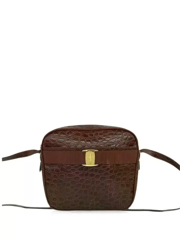 FERRAGAMO Croc Embossed Leather Vara Crossbody Bag