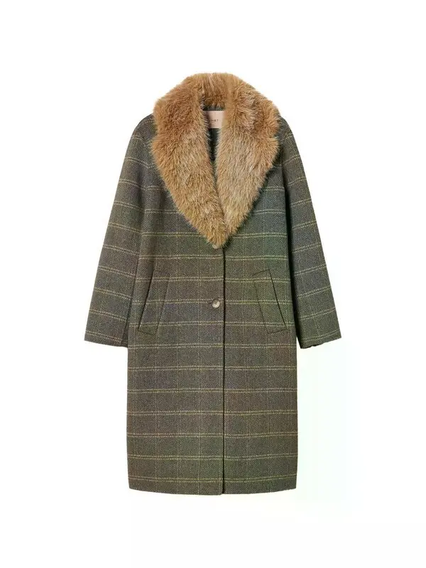 TWINSET Double Wool Checked Coat With Removable Faux Fur Collar