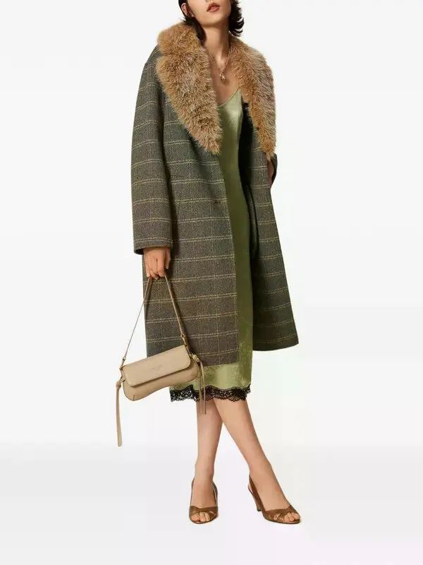 TWINSET Double Wool Checked Coat With Removable Faux Fur Collar