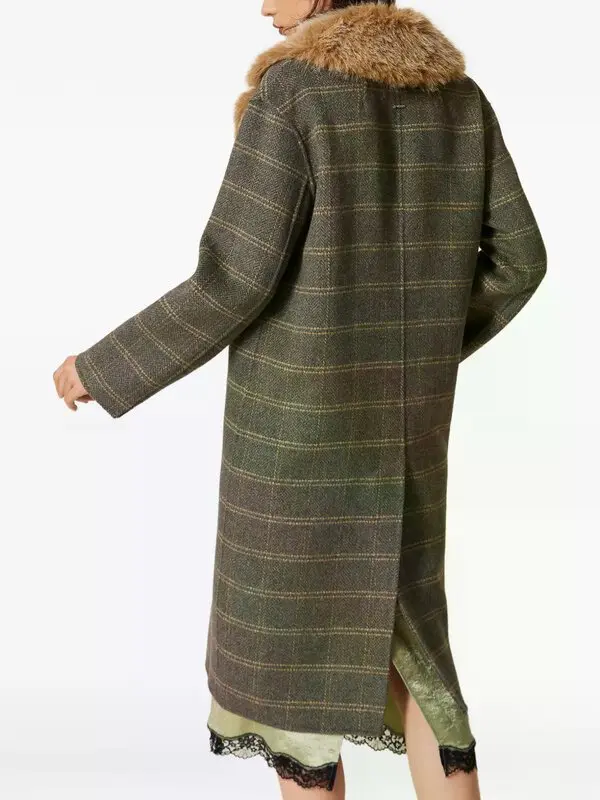 TWINSET Double Wool Checked Coat With Removable Faux Fur Collar