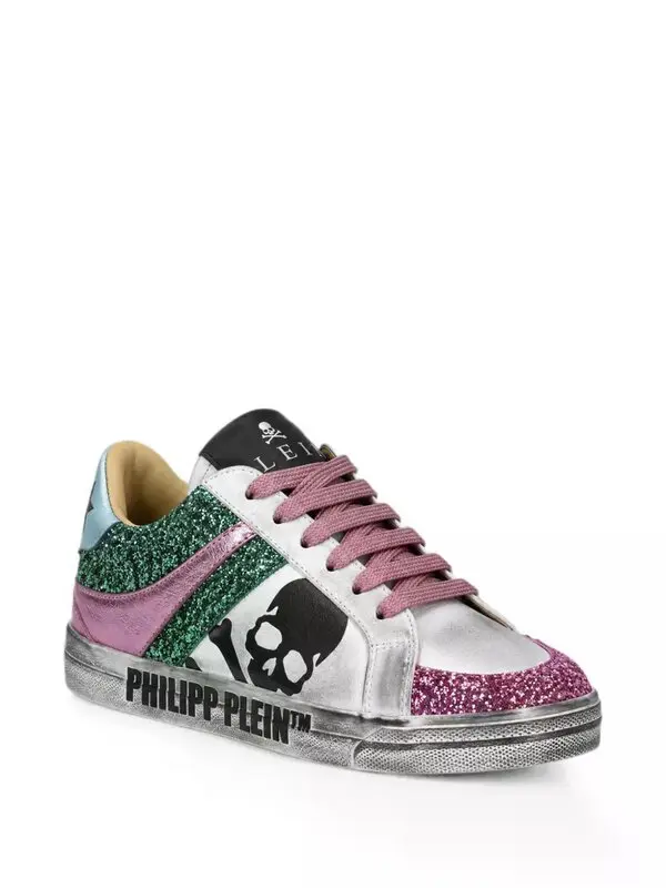 Philipp Plein Nappa Leather Glitter Skull Low-top Sneakers