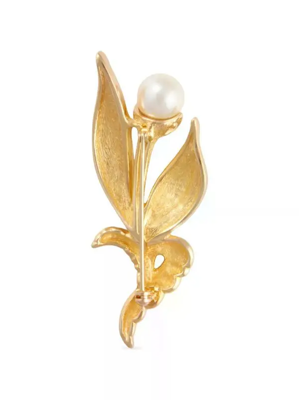 Dior Tone Faux Pearl And Crystal Leaf Brooch - Gold