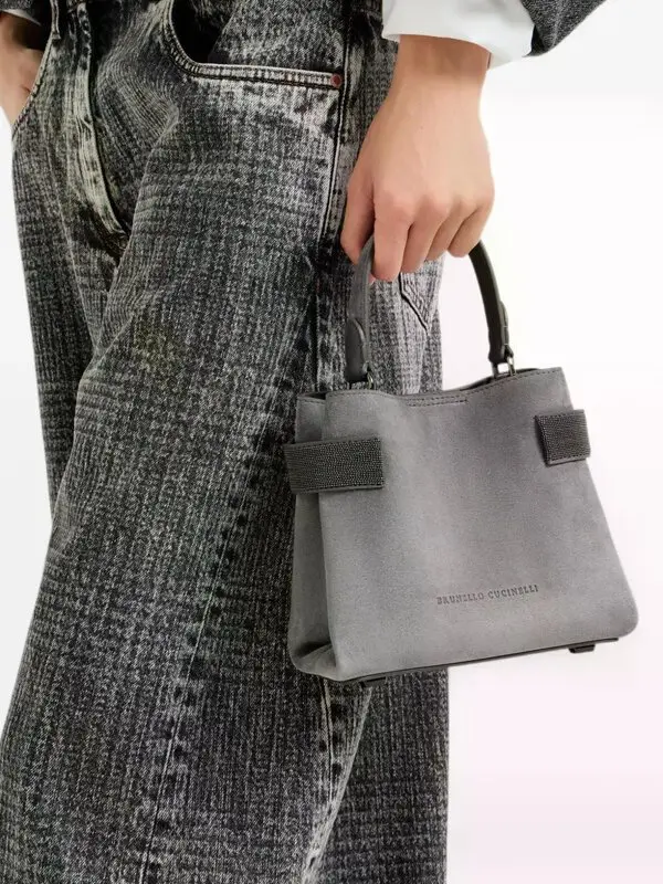 Brunello Cucinelli Suede Small Top-handle Bag With Monili Embellishment - Grey